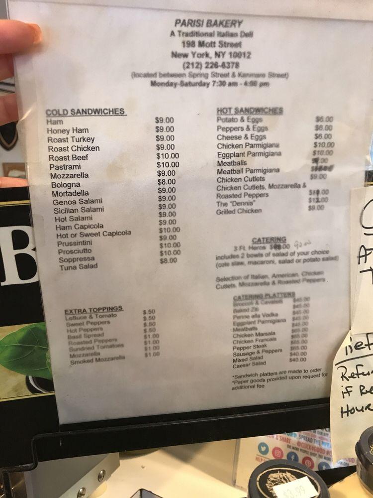Menu at Parisi Bakery & Deli, New York City, 198 Mott St