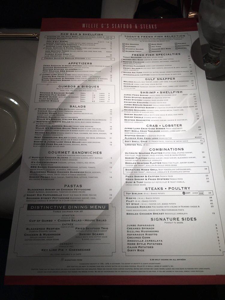 Menu at Willie G's Seafood pub & bar, Houston