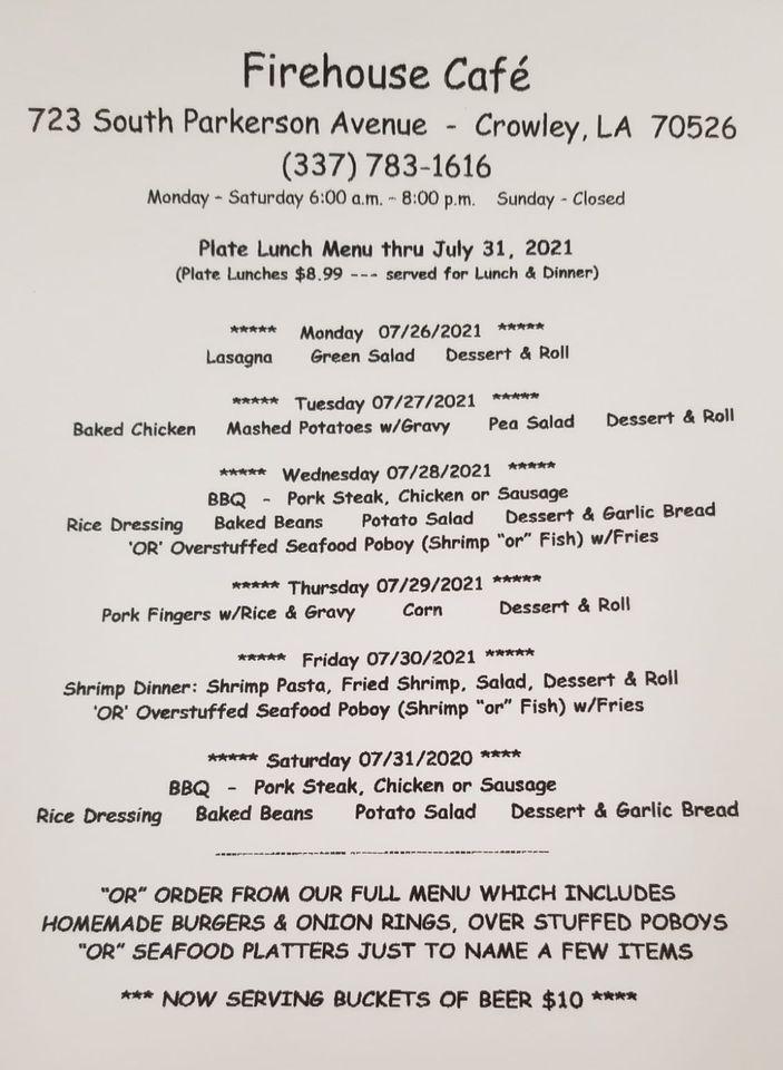 Menu at Firehouse Cafe, Crowley