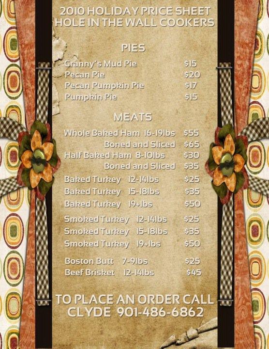 Menu at Hole In The Wall Cookers restaurant, West Memphis