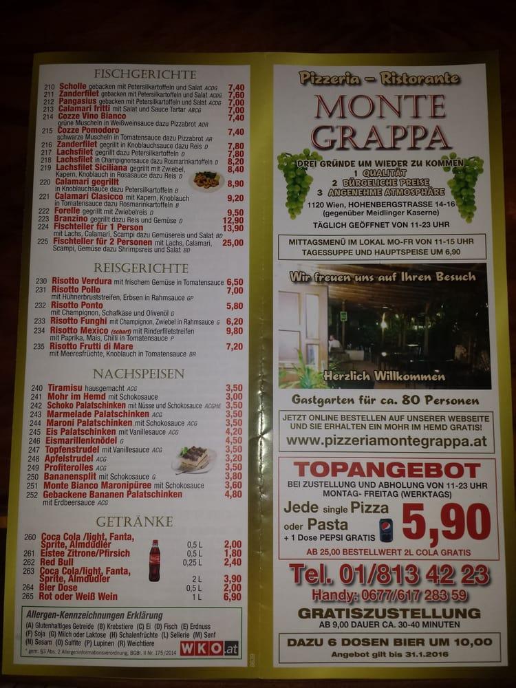 Speisekarte von Monte Grappa pizza, Wien, Hohenbergstraße 14/16