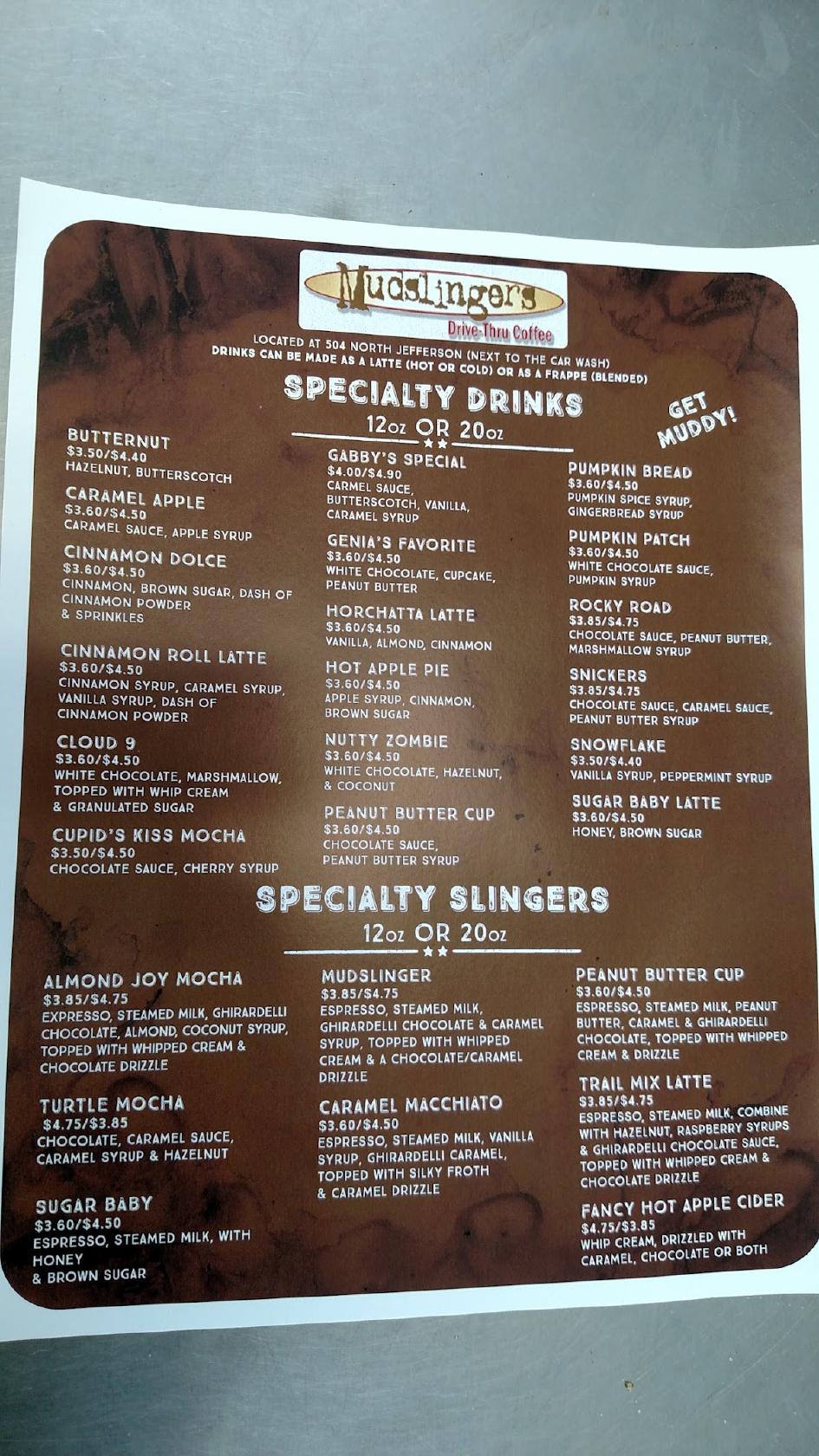Menu at Mudslingers Drive Thru Coffee cafe, Indianola