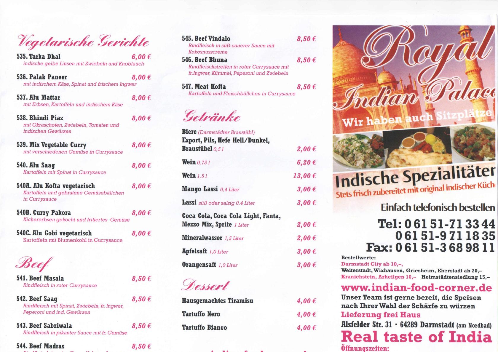 Menu at Royal Indian Palace Darmstadt restaurant, Darmstadt, Pankratius ...