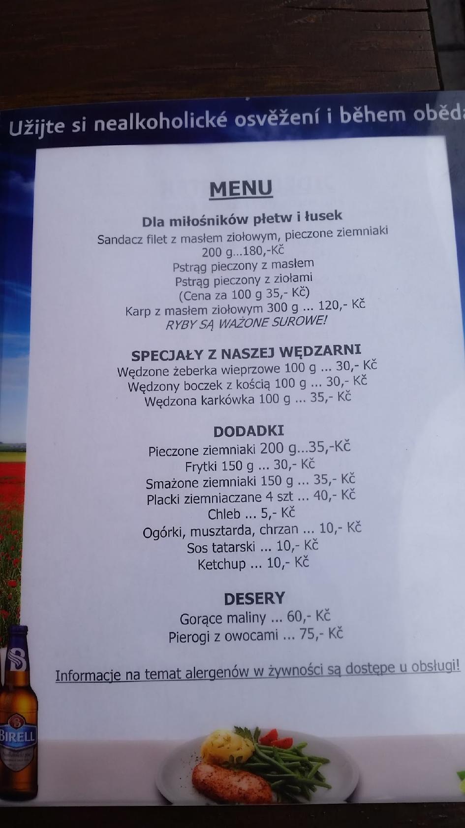 Menu at Rybářská Bašta restaurant, Černá Voda, Černá Voda 180