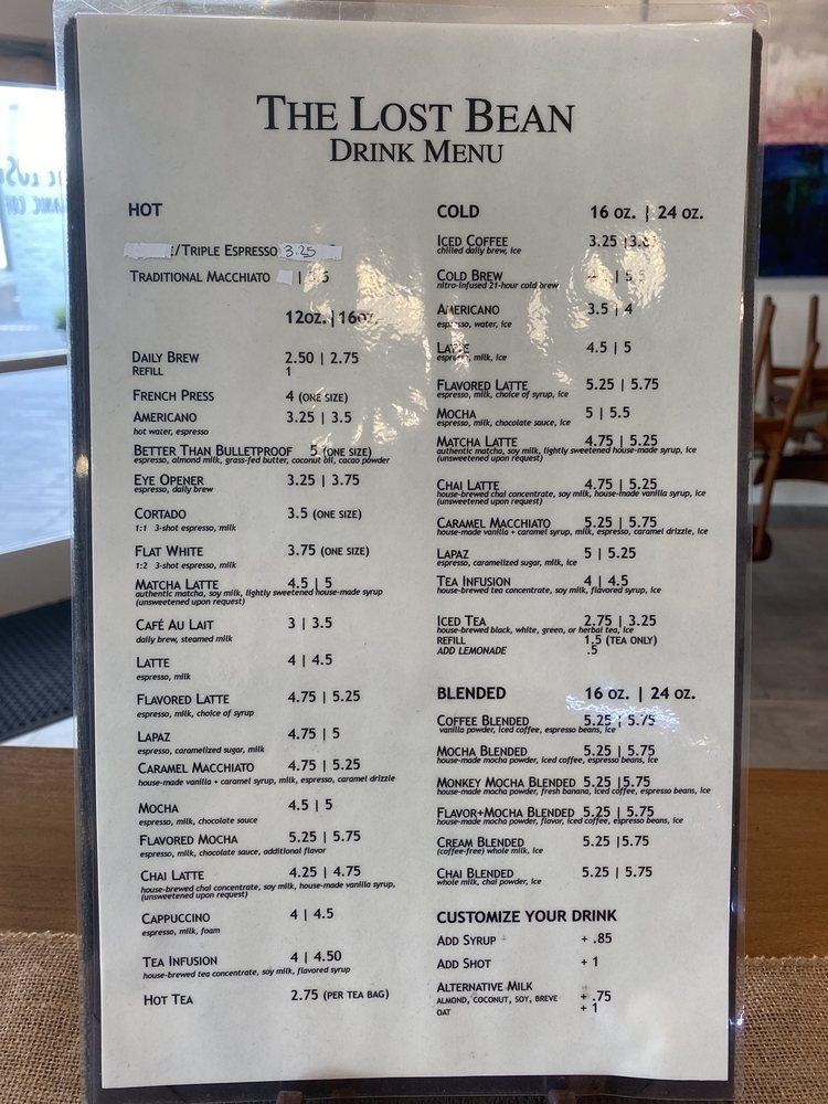 Menu at The Lost Bean Organic Coffee & Tea cafe, Irvine