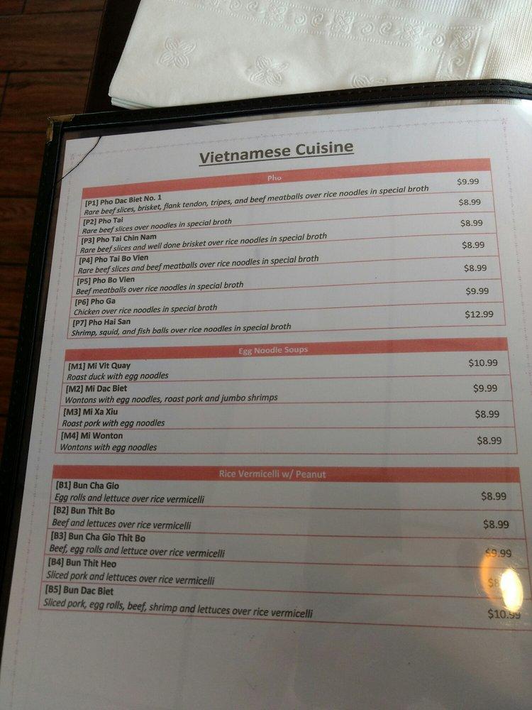 Menu at Vietnam House restaurant, Myrtle Beach