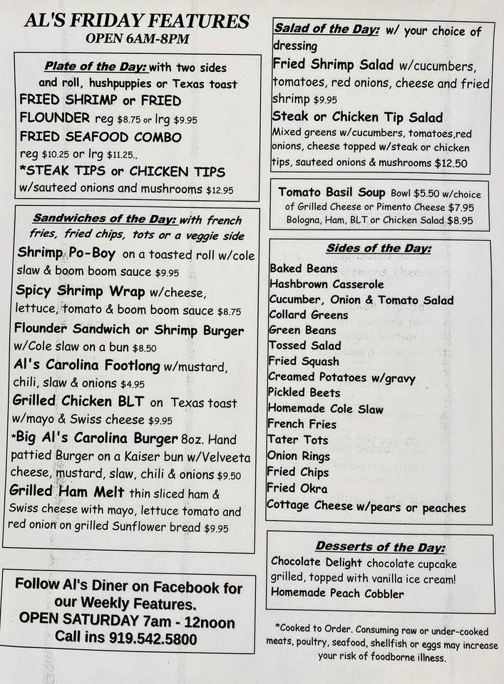 Menu at Al's Diner restaurant, Pittsboro