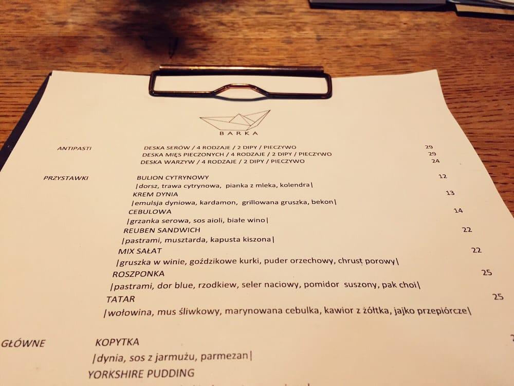 Menu at Barka, Kraków