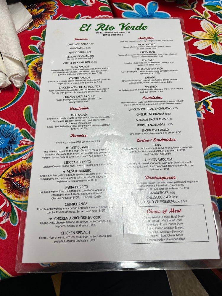 Menu at El Rio Verde Restaurant, Tulsa, 38 N Trenton Ave