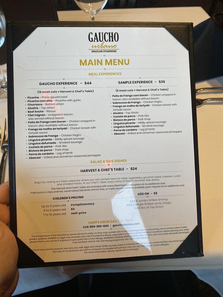 Menu at Gaucho Urbano - Brazilian Steakhouse, Pigeon Forge