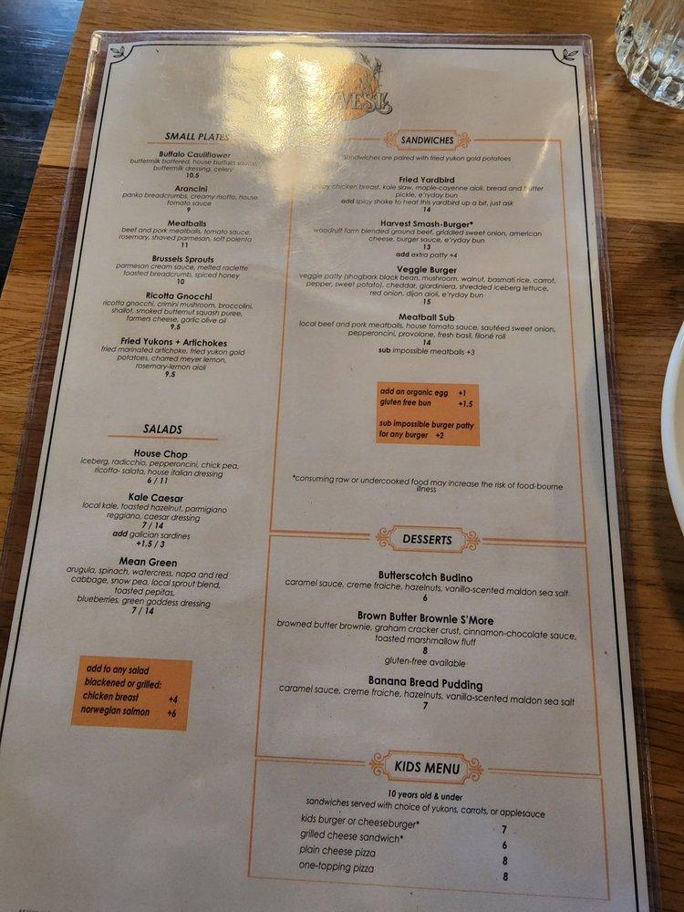 Menu at Harvest Bar + Kitchen - Brewery District, Columbus, 940 S Front St