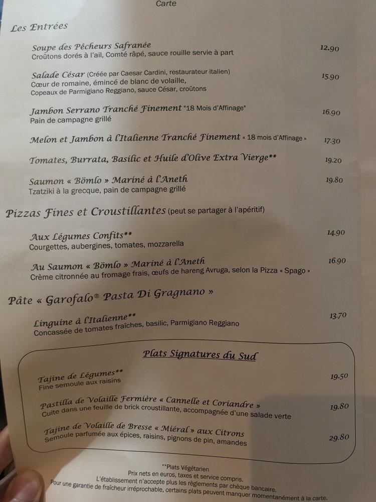Menu at Le Sud restaurant, Lyon