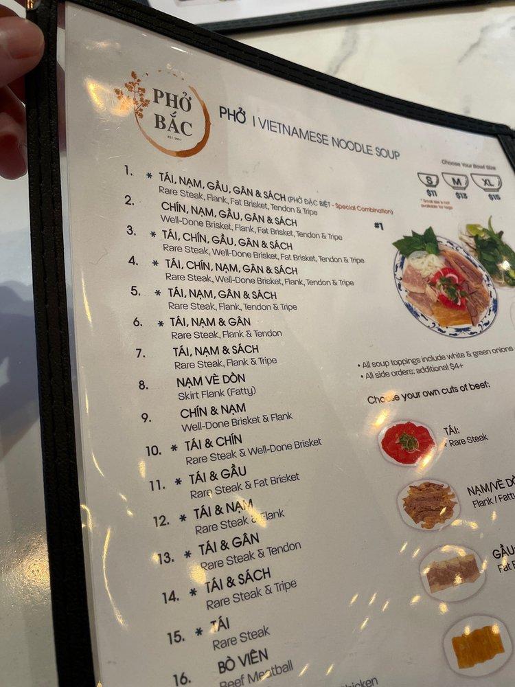 Menu at Pho Bac Vietnamese Restaurant, Duluth
