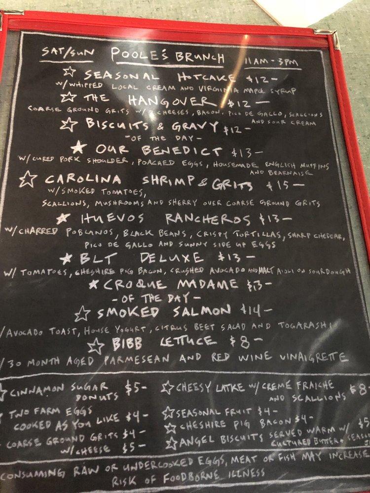 Menu at Poole's restaurant, Raleigh