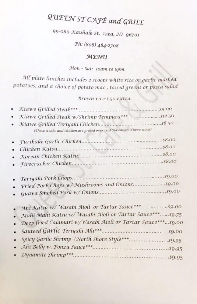 Menu at Queen Street Cafe & Grill, Aiea