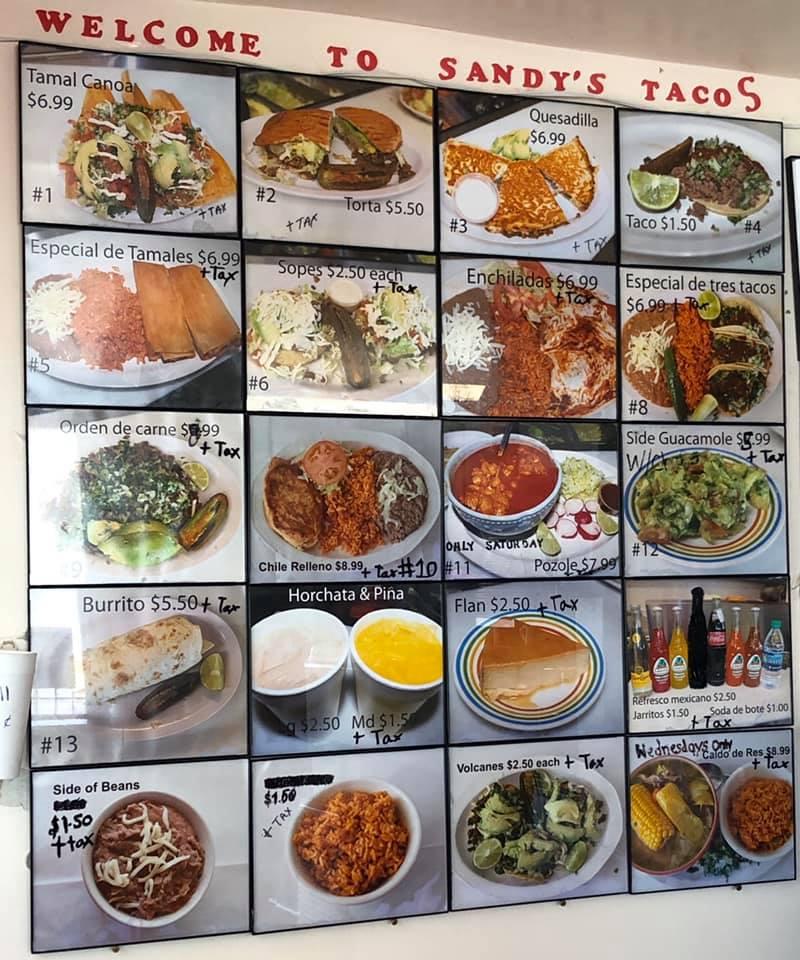 Menu at Sandy’s Tacos restaurant, Enid