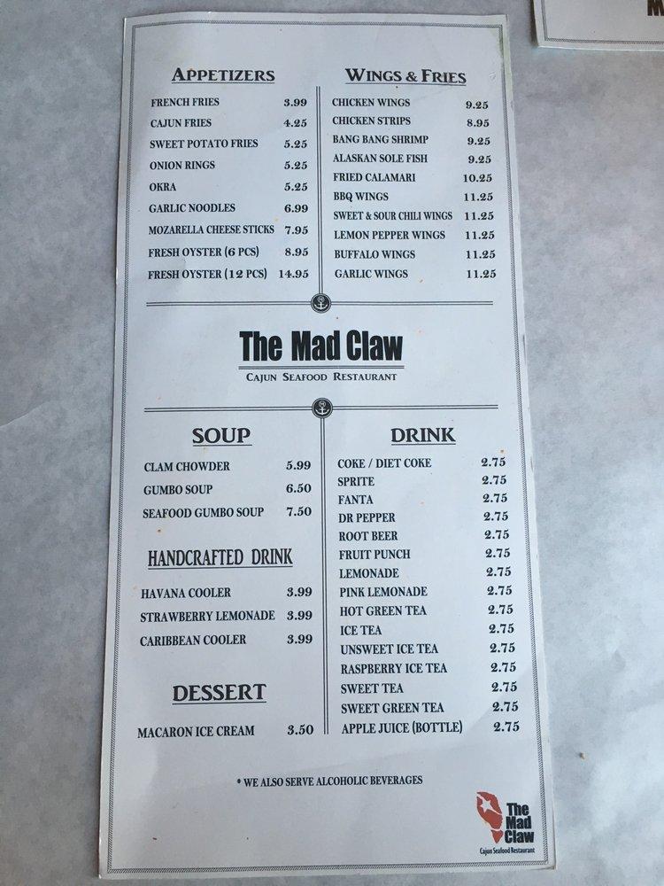 Menu at The Mad Claw restaurant, Rancho Cucamonga