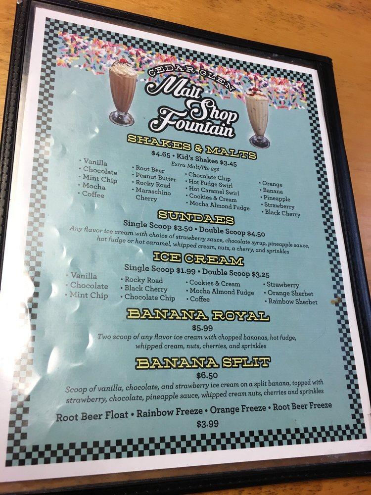 Menu at Cedar Glen Malt Shop restaurant, Lake Arrowhead
