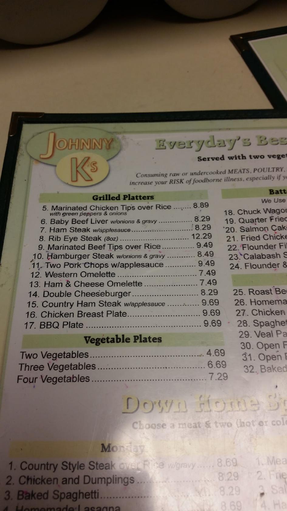 Menu at Johnny K's Restaurant, Indian Trail