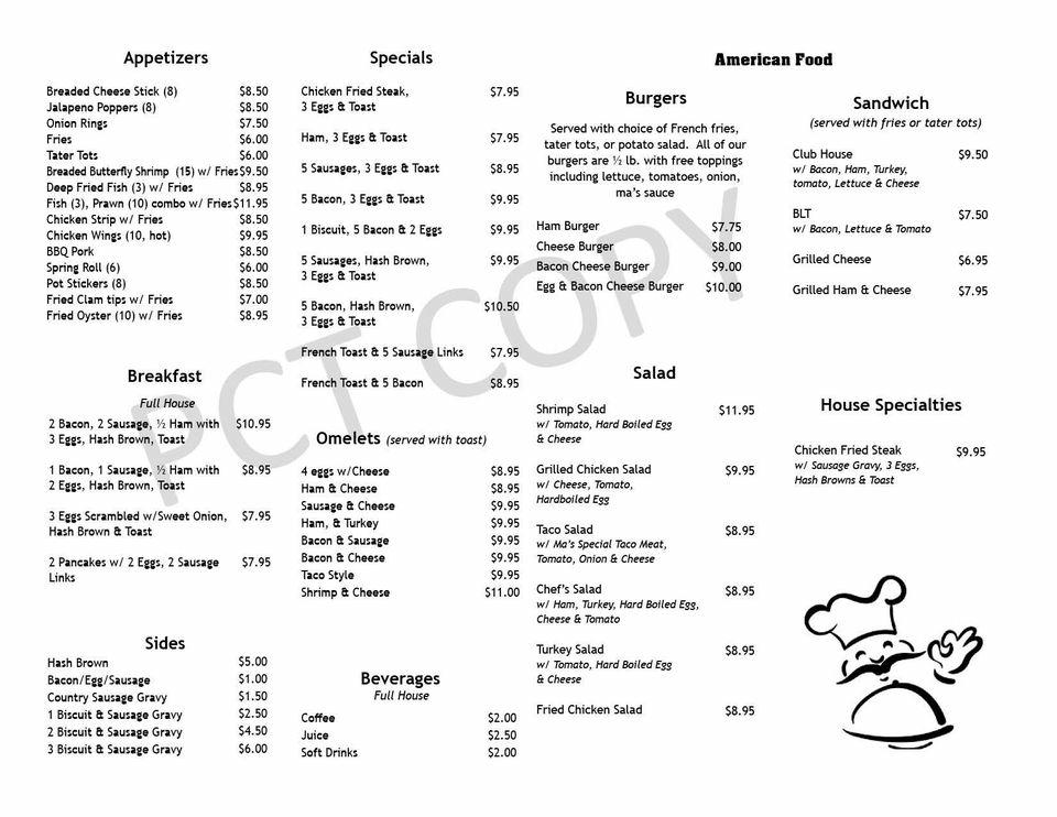 Menu at Ma’s Dairy Farm pub & bar, Albany