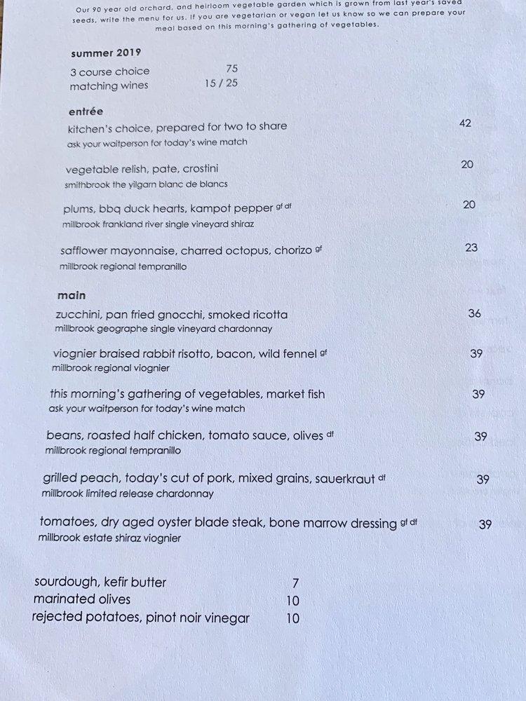 Menu at Millbrook Winery restaurant, Jarrahdale
