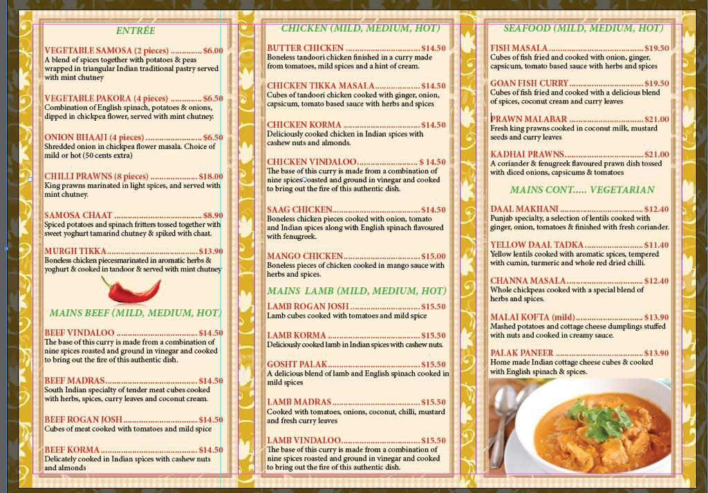 Menu at Mini India restaurant, Semaphore