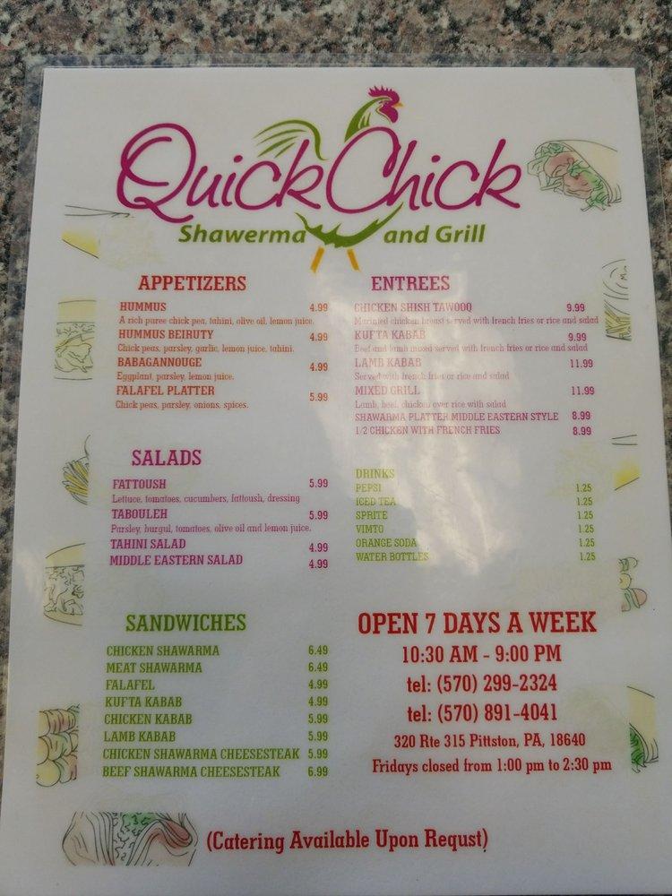 Menu at QuickChick Shawarma and Grill restaurant, Pittston, 320 PA-315 ...