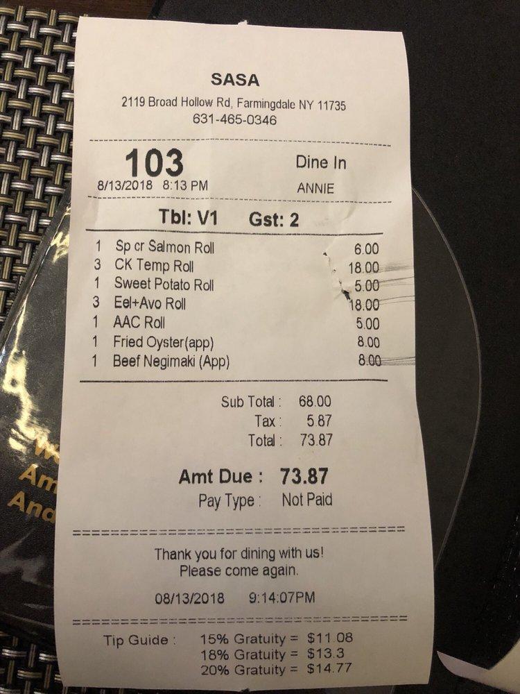 Menu at Sasa restaurant, Farmingdale