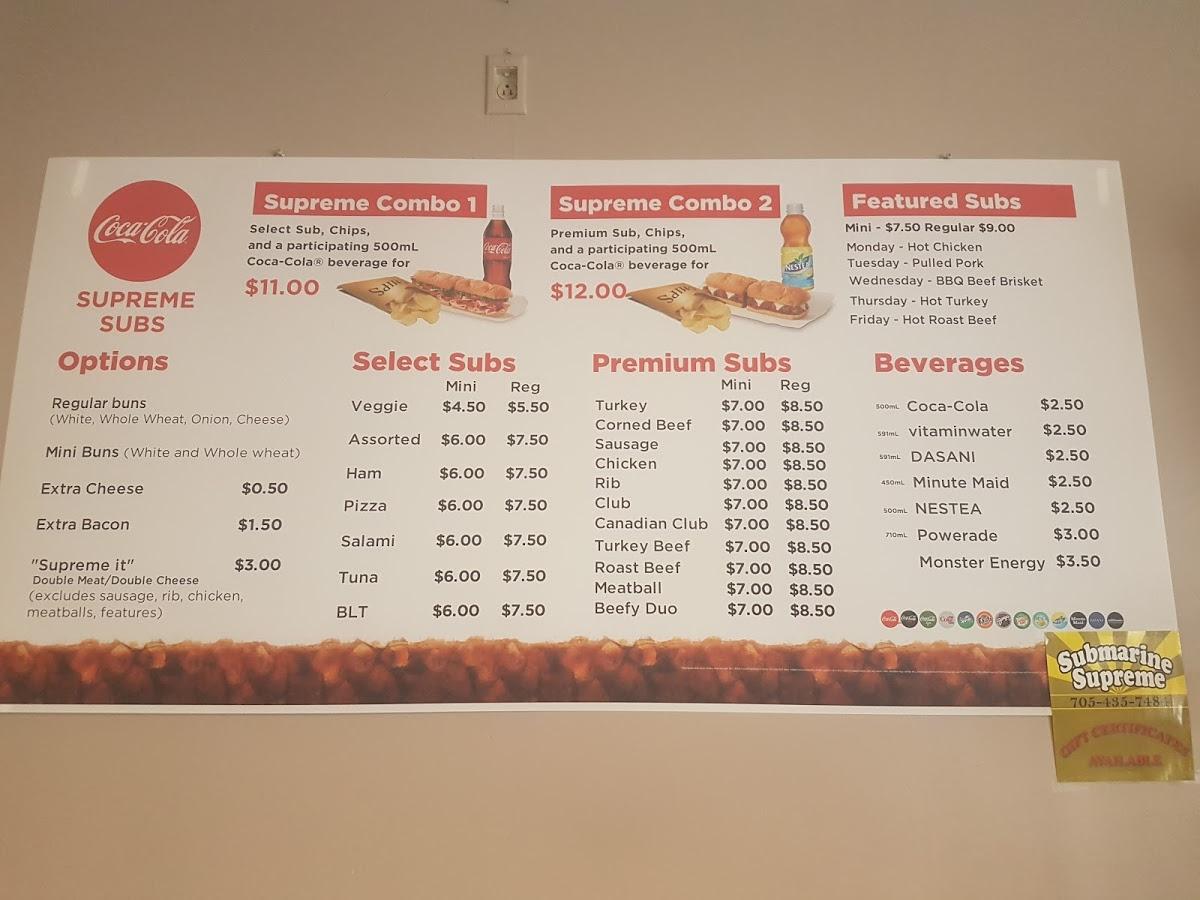 Menu at Submarine Supreme fast food, New Tecumseth