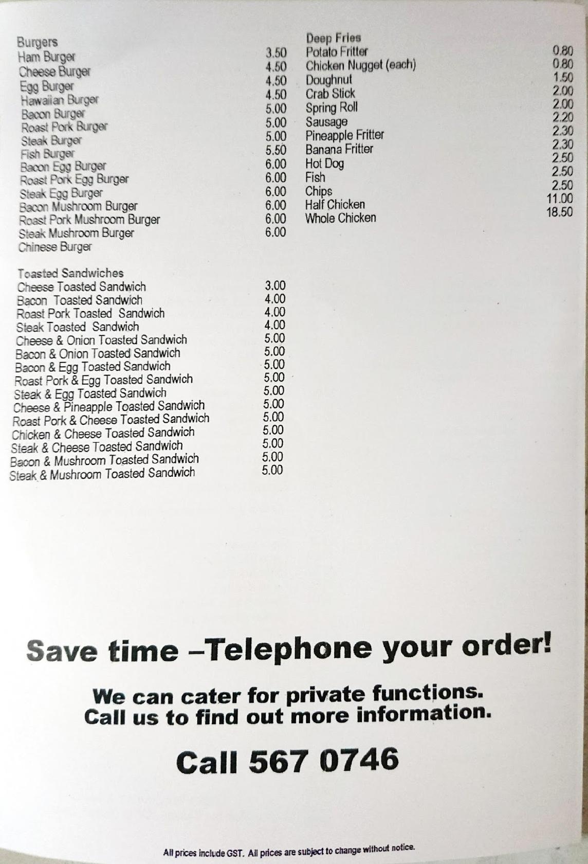 Menu at Wah Loong Restaurant, Wellington