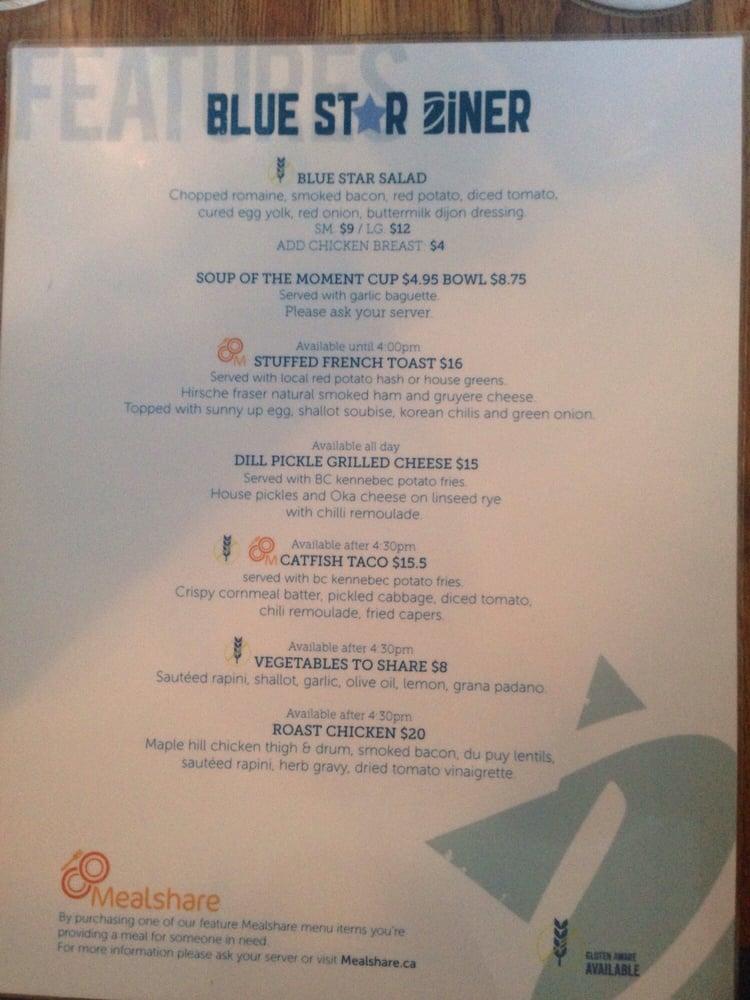 Menu at Blue Star Diner restaurant, Calgary