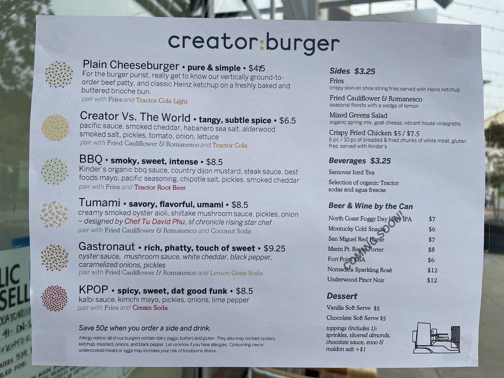 Carta del restaurante Creator Burger, Daly City