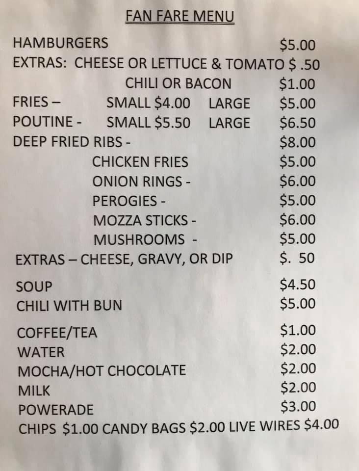 Menu at Fan Fare restaurant, Foam Lake