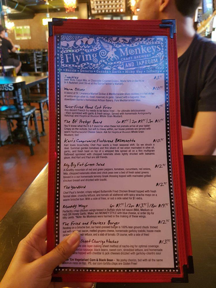 Menu at Flying Monkeys Craft Brewery restaurant, Barrie