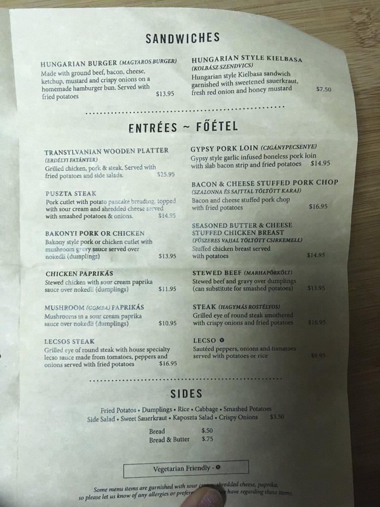 Menu at Huszar pub & bar, Pittsburgh