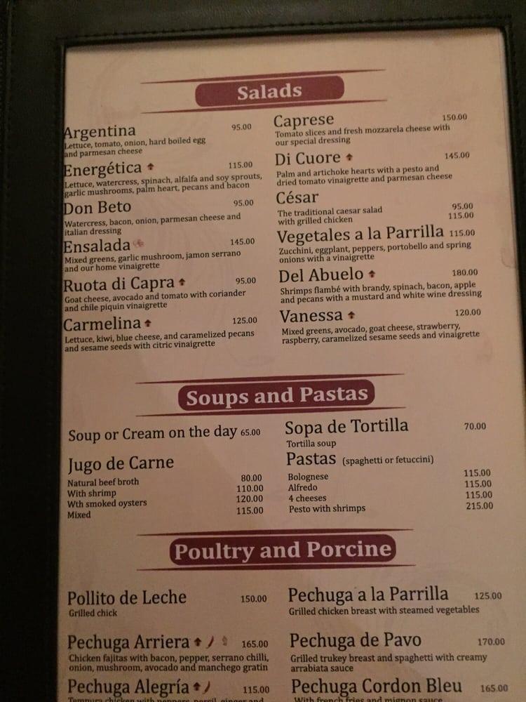 Carta del restaurante Rincón del Bife, Cuernavaca