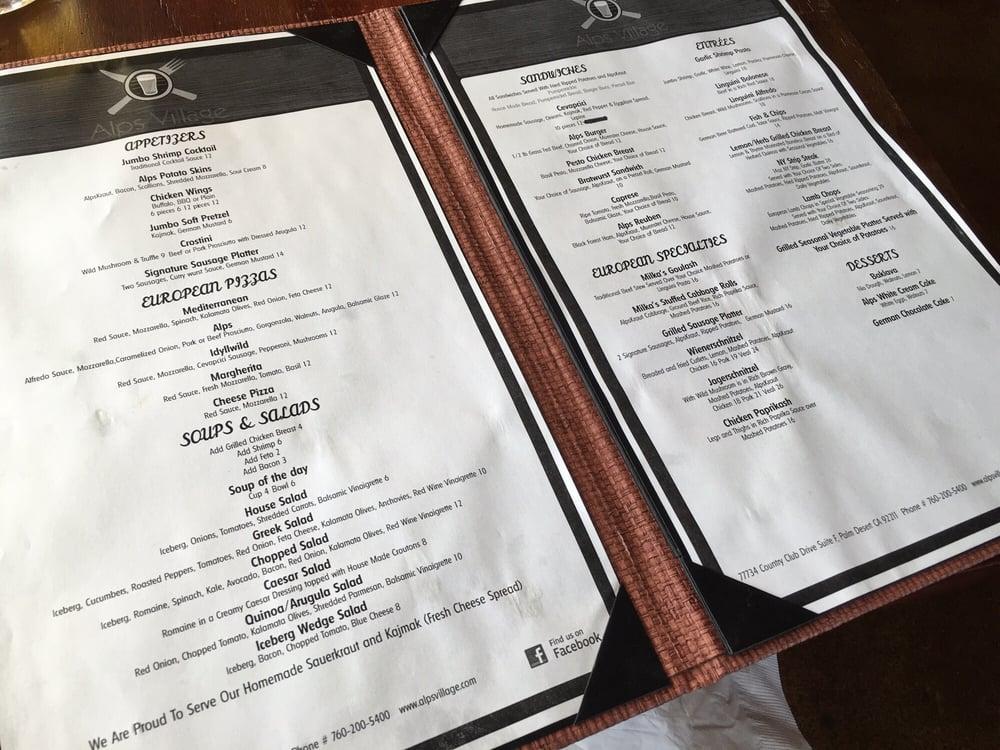 Menu at Alps Village restaurant, Palm Desert