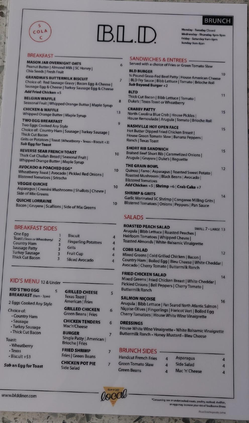 Menu at BLD Diner restaurant, Columbia