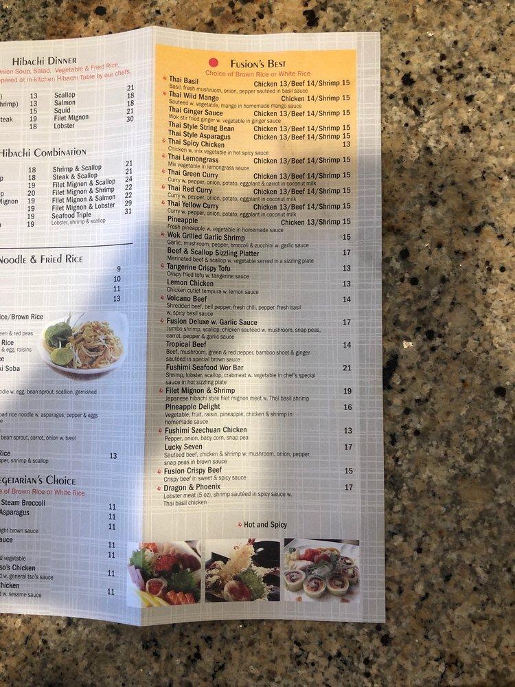 Menu at Fushimi Asian Fusion restaurant, Vestal