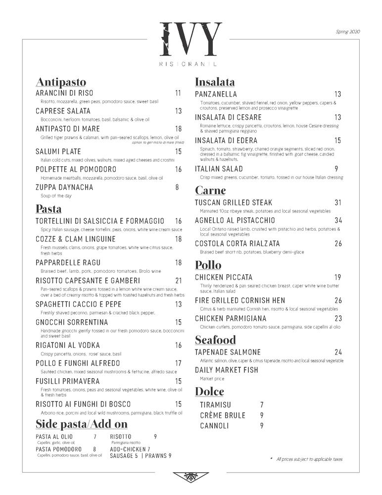 Menu at Ivy Ristorante restaurant, London