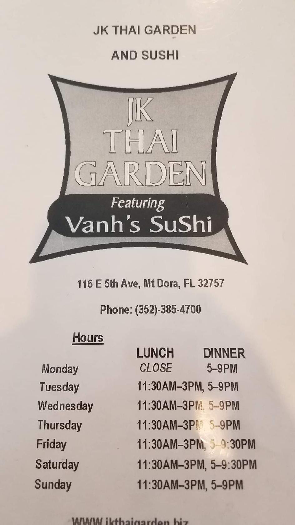 Menu at Jk Thai & Sushi restaurant, Mount Dora