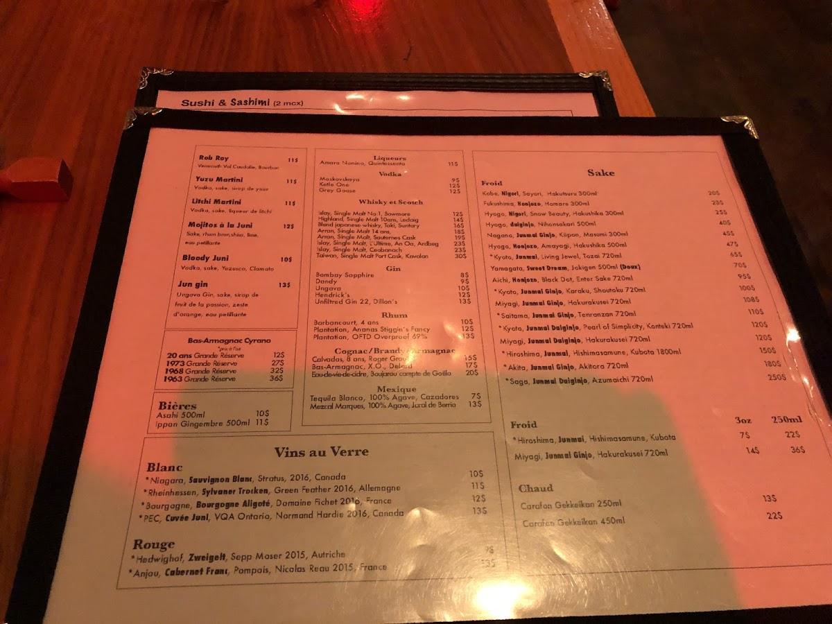 Menu at Jun I restaurant, Montreal