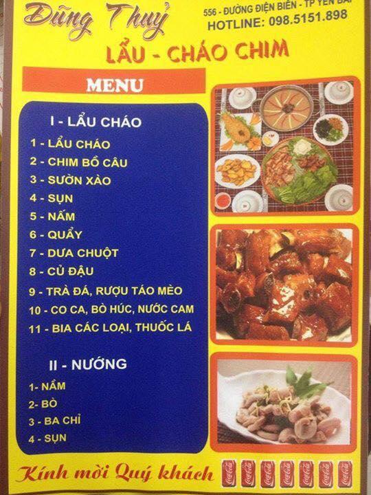 Menu at Dũng Mon Lẩu Cháo Chim, Bò nướng restaurant, Yên Bái