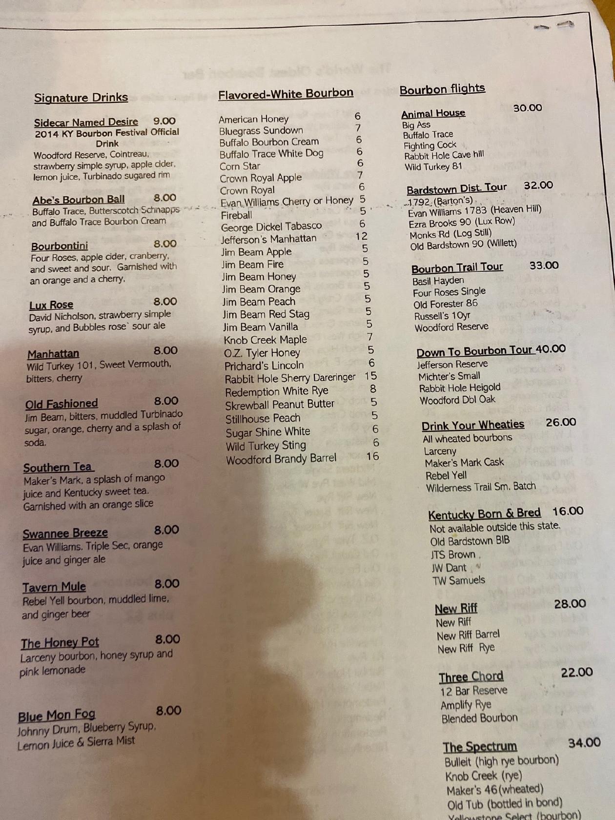 Menu at Old Talbott Tavern pub & bar, Bardstown