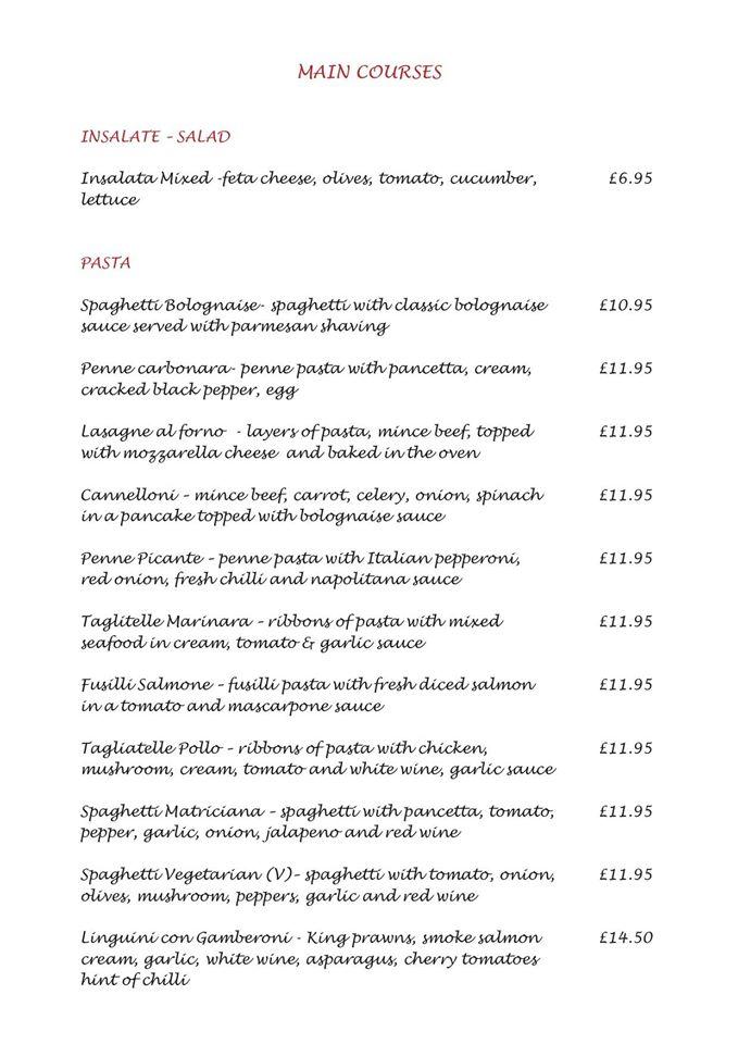Menu at Sinatra's Restaurant, Nottingham