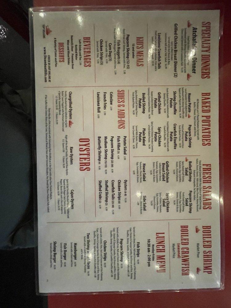 Menu at Steamboat Bill's DeRidder, LA restaurant, DeRidder