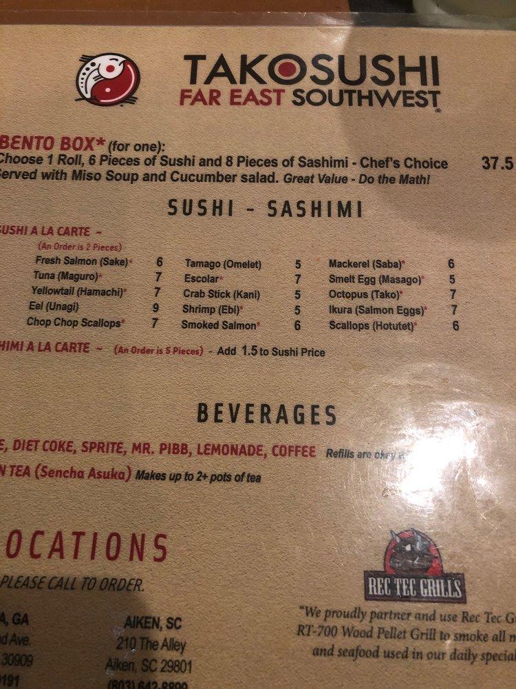 Menu at Takosushi restaurant, Aiken