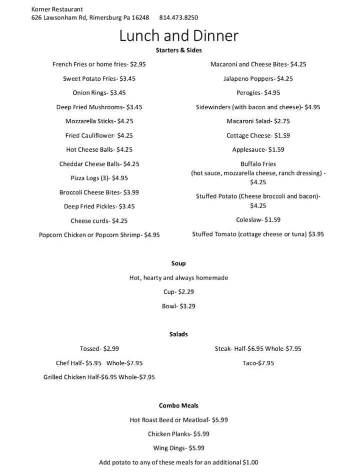 Menu at The Korner Restaurant, Rimersburg, 626 Lawsonham Rd