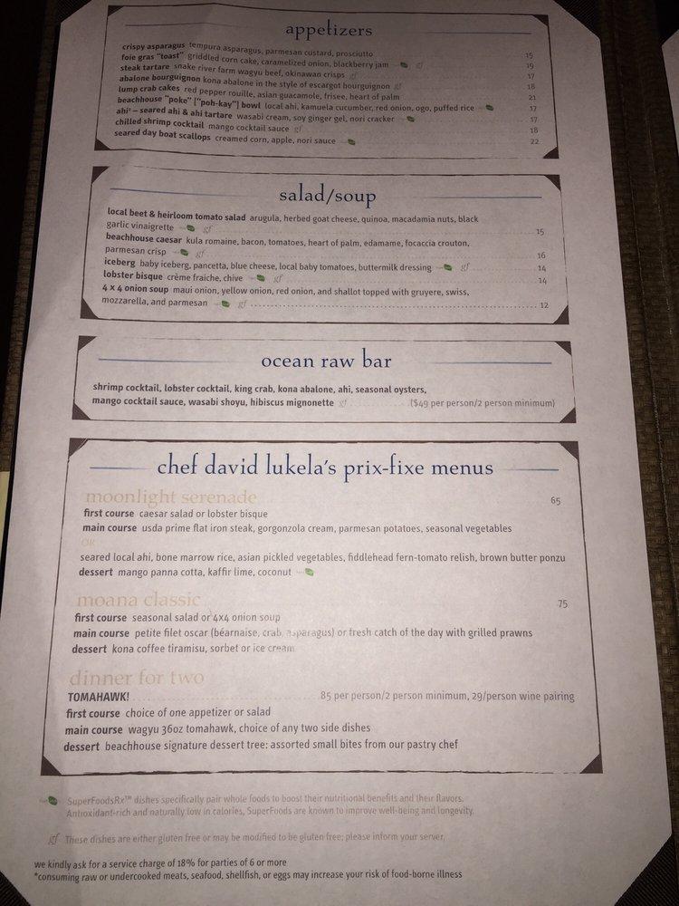 Menu at beachhouse at the moana steakhouse, Honolulu, Kalākaua Ave