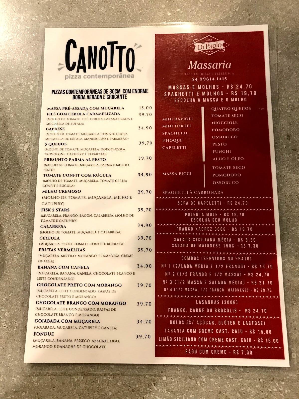 Menu at Canotto Pizza Contemporânea restaurant, Bento Gonçalves